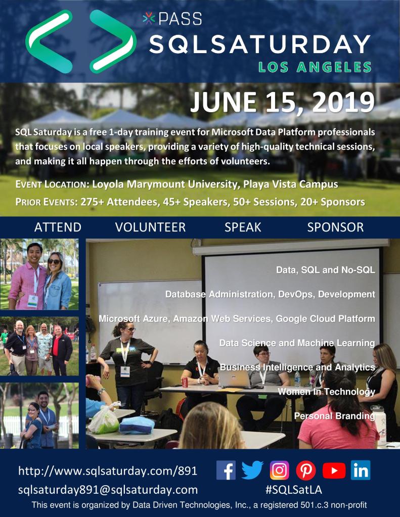 Announcing 2019 SQL Saturday in Los Angeles (#SQLSatLA) – Data Driven Technologies